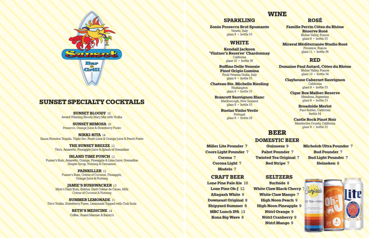 Sunset Bar & Grill Menu – Old Orchard Beach, Maine
