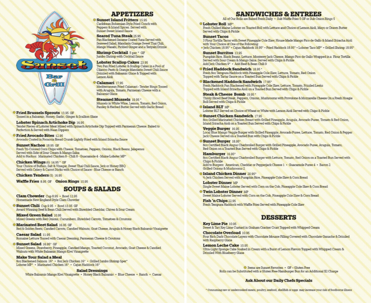 Sunset Bar & Grill Menu – Old Orchard Beach, Maine
