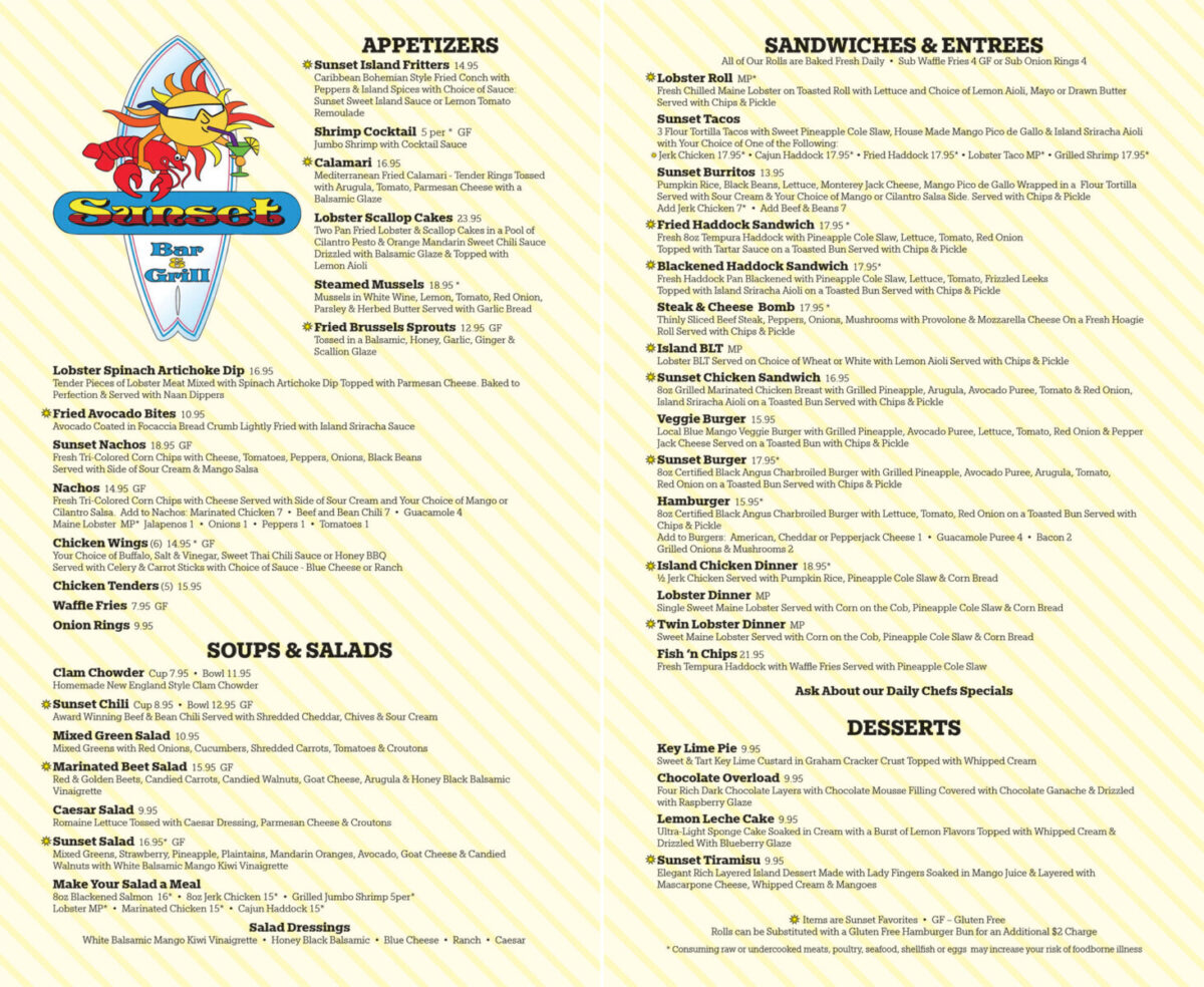 Sunset Bar & Grill Menu – Old Orchard Beach, Maine